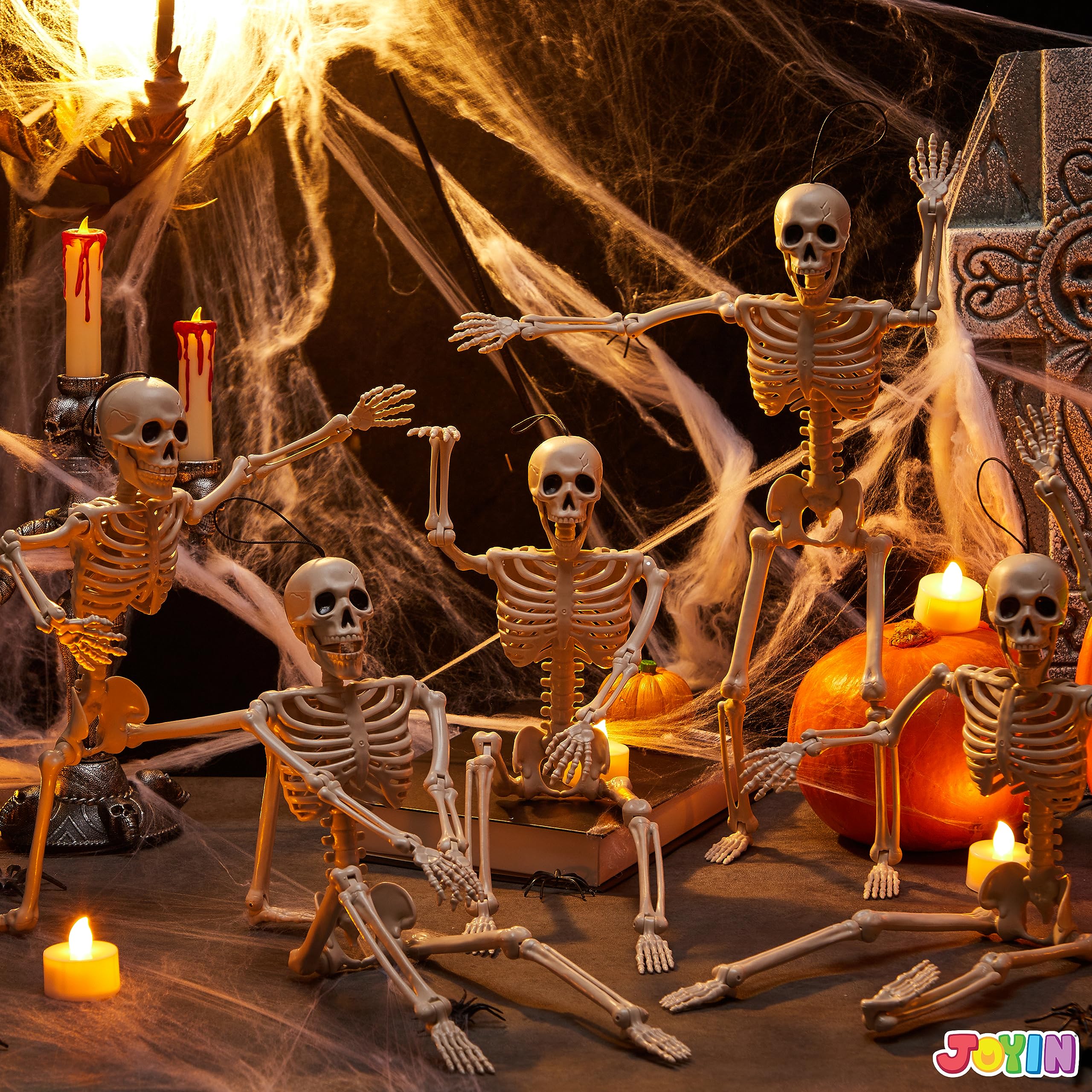 JOYIN 5 PCS Posable Halloween Skeletons 16 Inches Full Body Posable Joints Hanging Skeletons for Graveyard Decorations, Haunted House Accessories, Spooky Scene Party Favors