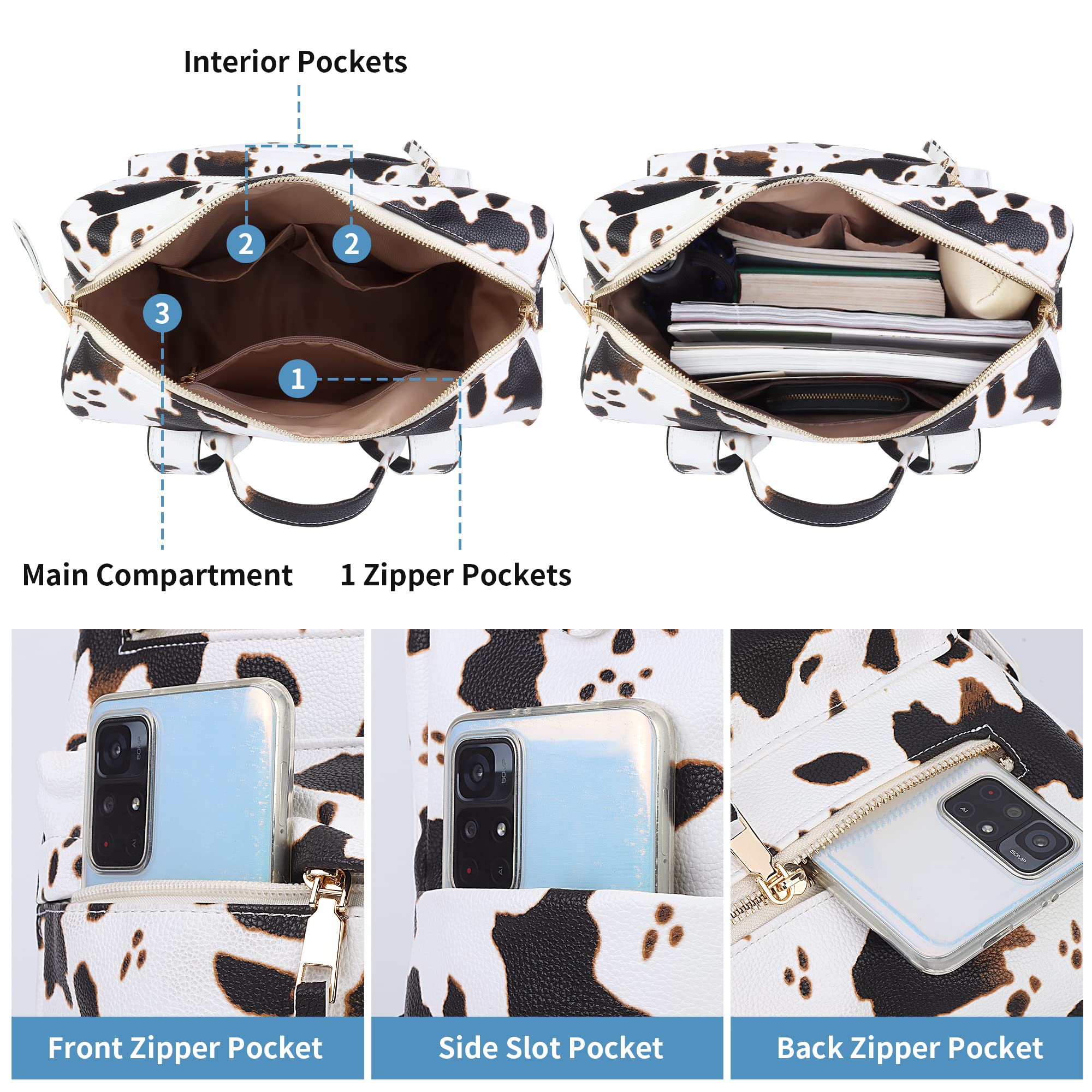 KOOIJNKO Women Backpack Purse Vintage Rucksack Convertible Shoulder Bag Travel Daypack, 2 Pack Cow OffWhite