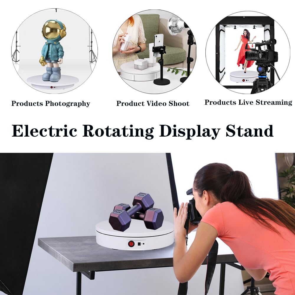 JAYEGT Motorized Rotating Display Stand,360 Degree Electric Rotating Photography Turntable for Products Display,Video Show, Live Show,Remote Control (White / 11.8inch / 265 Lbs Load/Rechargeable)