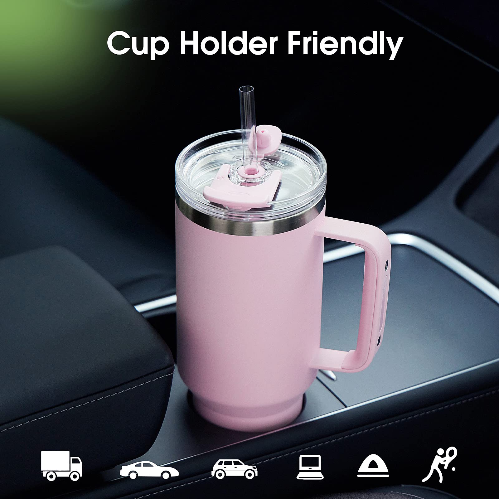 COKTIK 40 oz Tumbler With Handle and Straw Lid, Vacuum Insulated Travel Coffee Mug Stainless Steel Insulated Cup for Beverages, Leak-proof, Cupholder Friendly (Blush)