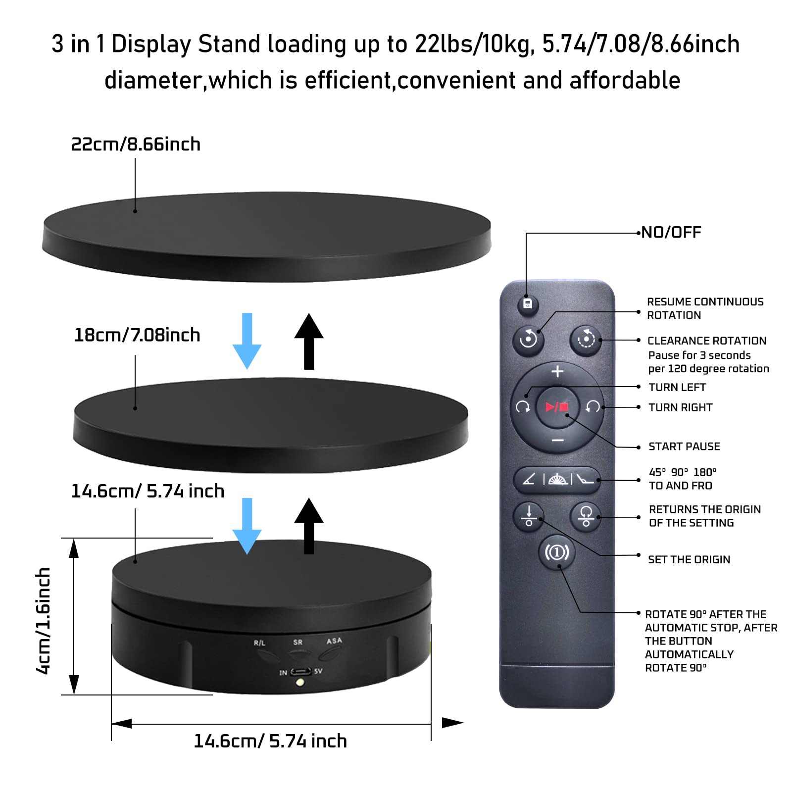 JAYEGT 3 in1 Motorized Rotating Display Stand with 5.74/7.08/8.66 inch Replacement Cover,Max 22lbs Load,360 Electronic Turntable for Photography Products (3 in1 / Black/with Remote Controller)