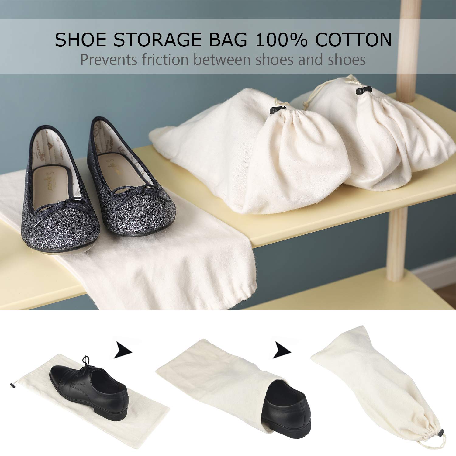 PlasMaller Shoe Storage Bags 100% Cotton with Drawstring For Men and Women for Travel Protecting and Storing Shoes (Beige, Set of 4)