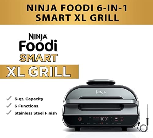 Ninja FG551 Foodi Smart XL 6-in-1 Indoor Grill with Air Fry, Roast, Bake, Broil & Dehydrate, Smart Thermometer, Black/Black
