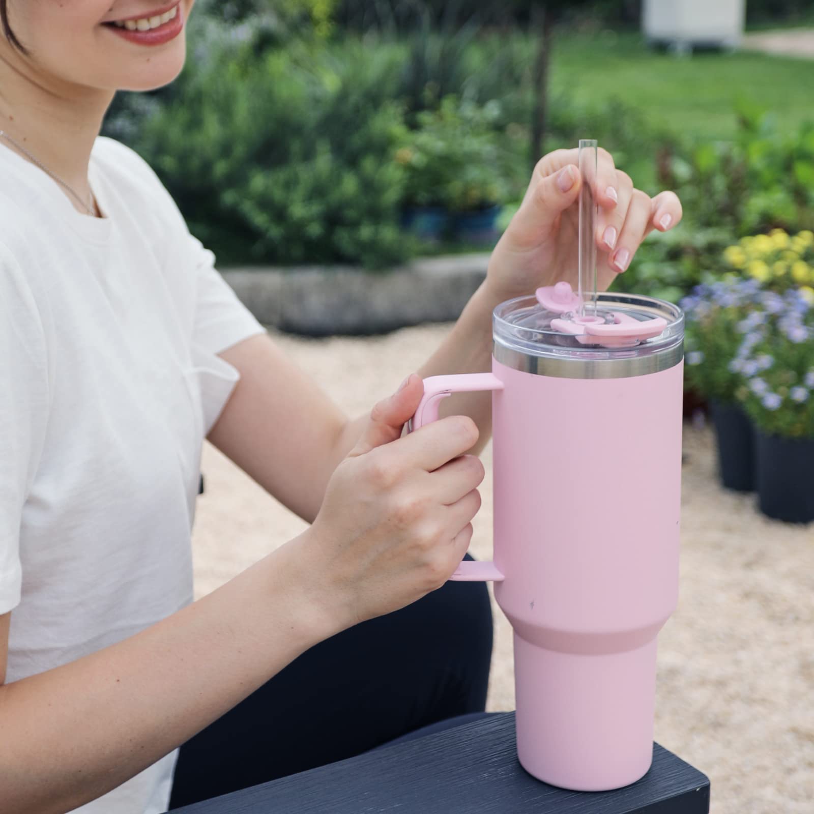 COKTIK 40 oz Tumbler With Handle and Straw Lid, Vacuum Insulated Travel Coffee Mug Stainless Steel Insulated Cup for Beverages, Leak-proof, Cupholder Friendly (Blush)