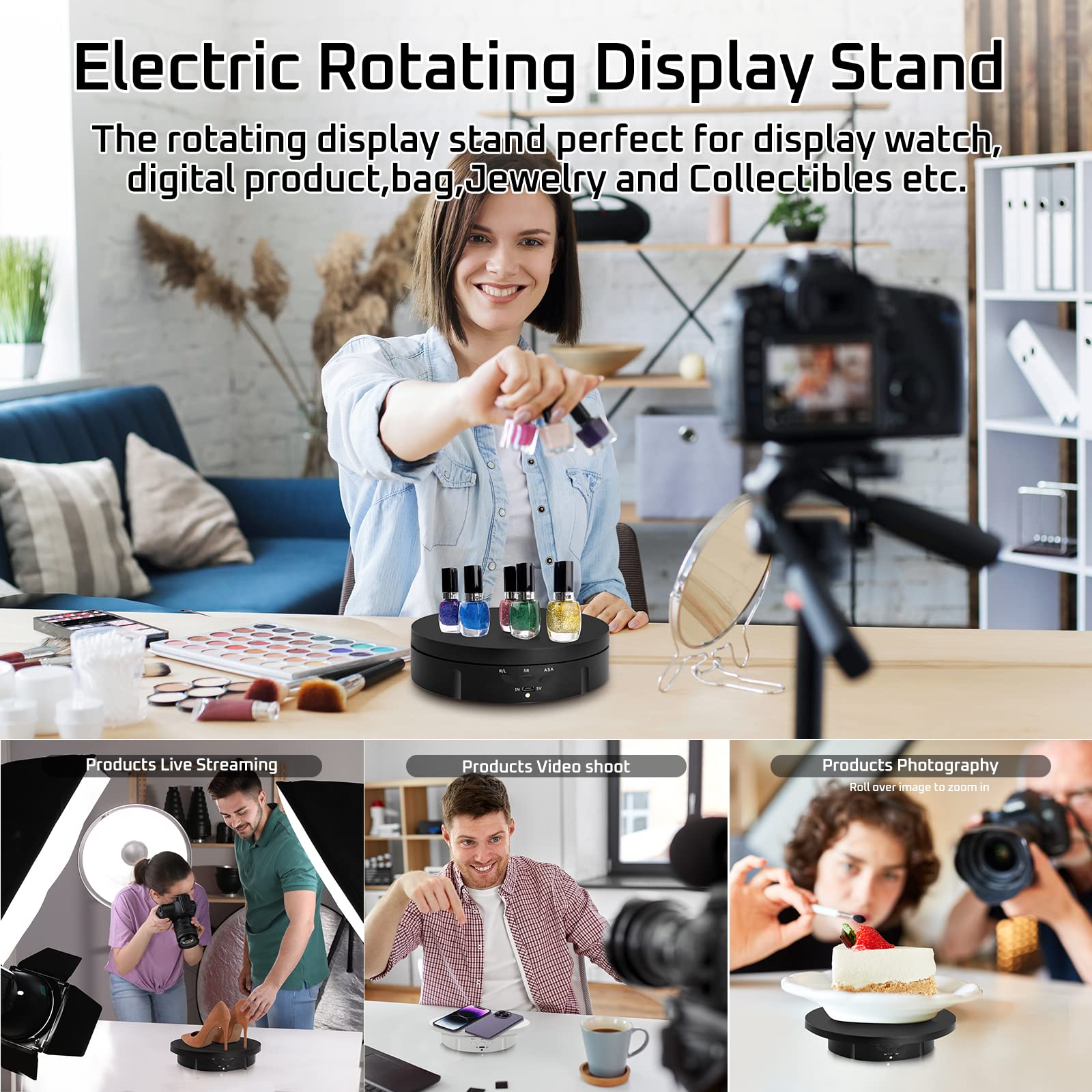 JAYEGT 3 in1 Motorized Rotating Display Stand with 5.74/7.08/8.66 inch Replacement Cover,Max 22lbs Load,360 Electronic Turntable for Photography Products (3 in1 / Black/with Remote Controller)