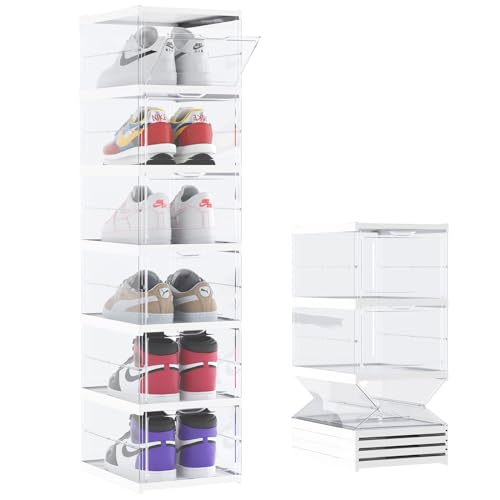 AKELOR 6 Tier Foldable Shoe Storage Boxes, Installation-free Clear Foldable Shoe Box, One-Piece Stackable Shoe Rack, Plastic Storage Shelves Collapsible Shoe Rack Organizer for Closet Bedroom