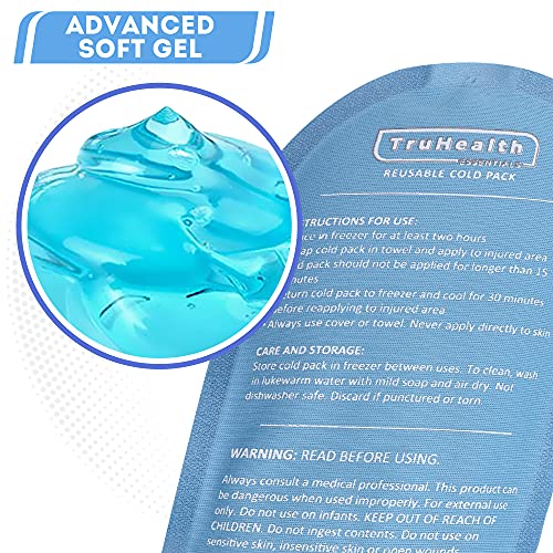 TruHealth Gel Ice Packs (2 Pack) - FSA HSA Approved Large Size 4.5 x 9.5 in for Various Body Pain and Injuries, Reusable, Cold Compress Therapy