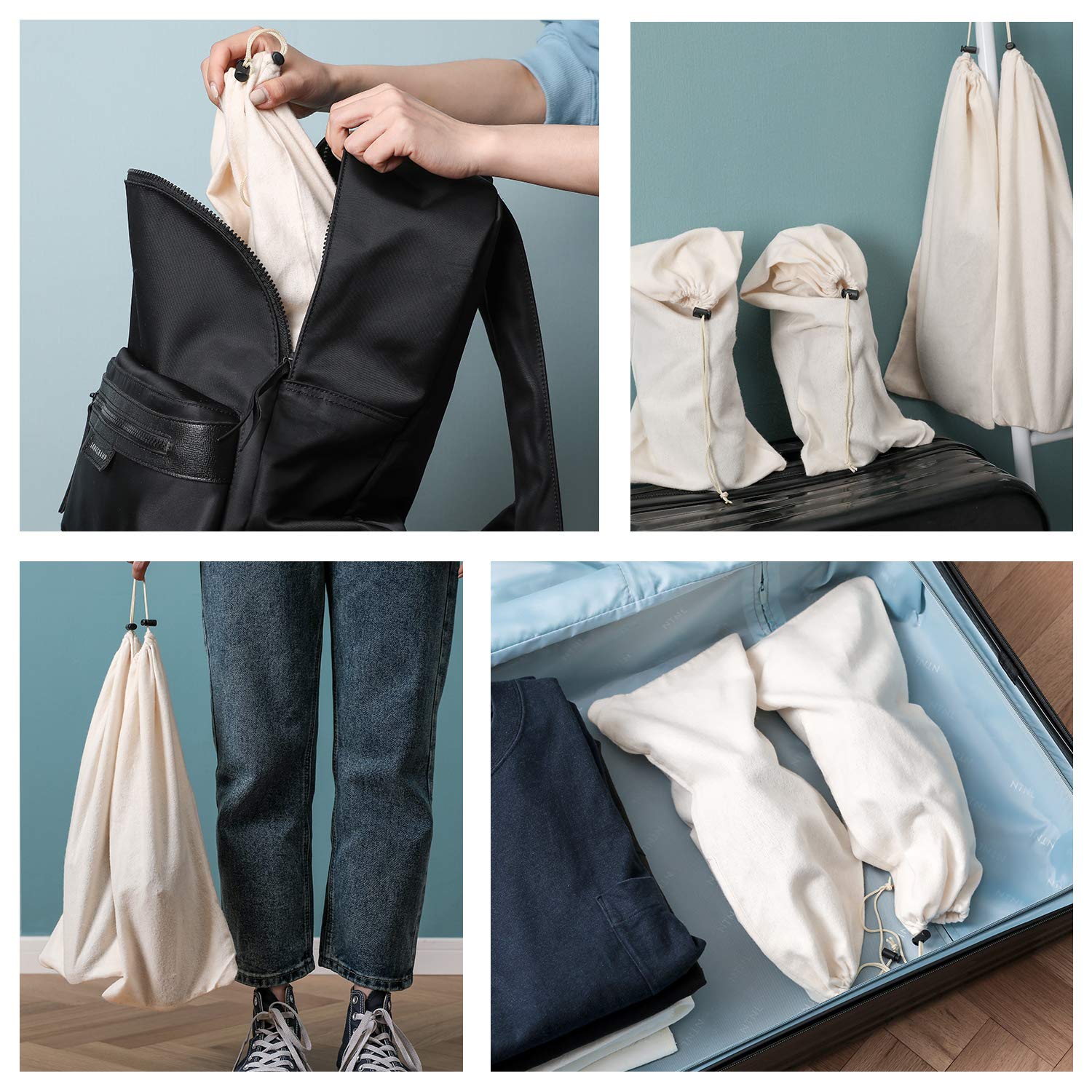 PlasMaller Shoe Storage Bags 100% Cotton with Drawstring For Men and Women for Travel Protecting and Storing Shoes (Beige, Set of 4)