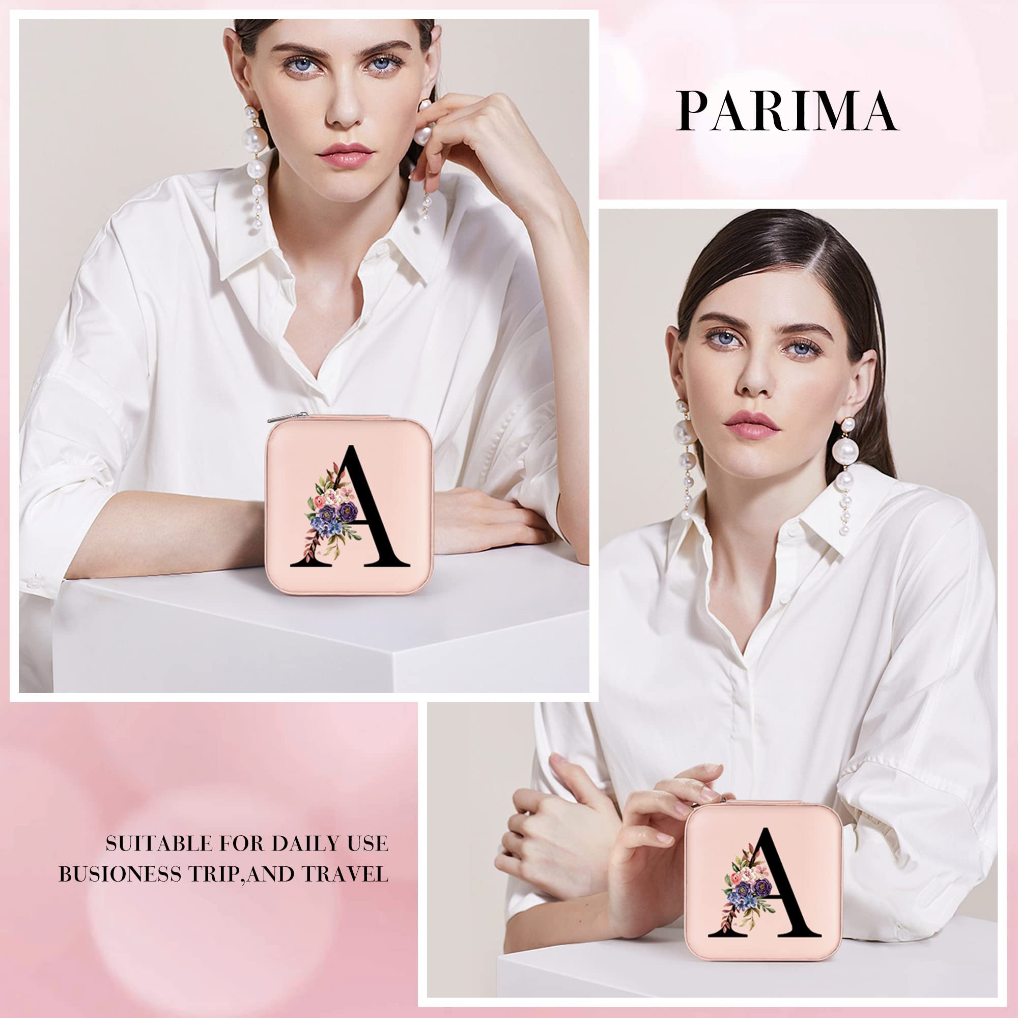 Parima Pink Jewelry Box for Women, Small Travel Organizer with Initial - Jewelry Box Organizer, Portable, Zipper, 4 Compartments, Ideal Gift for Birthdays, Valentine's Day, Christmas