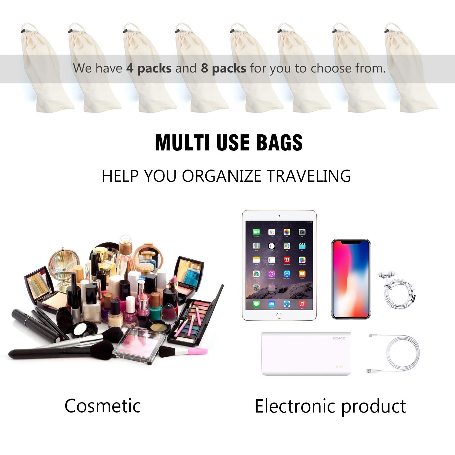 PlasMaller Shoe Storage Bags 100% Cotton with Drawstring For Men and Women for Travel Protecting and Storing Shoes (Beige, Set of 4)