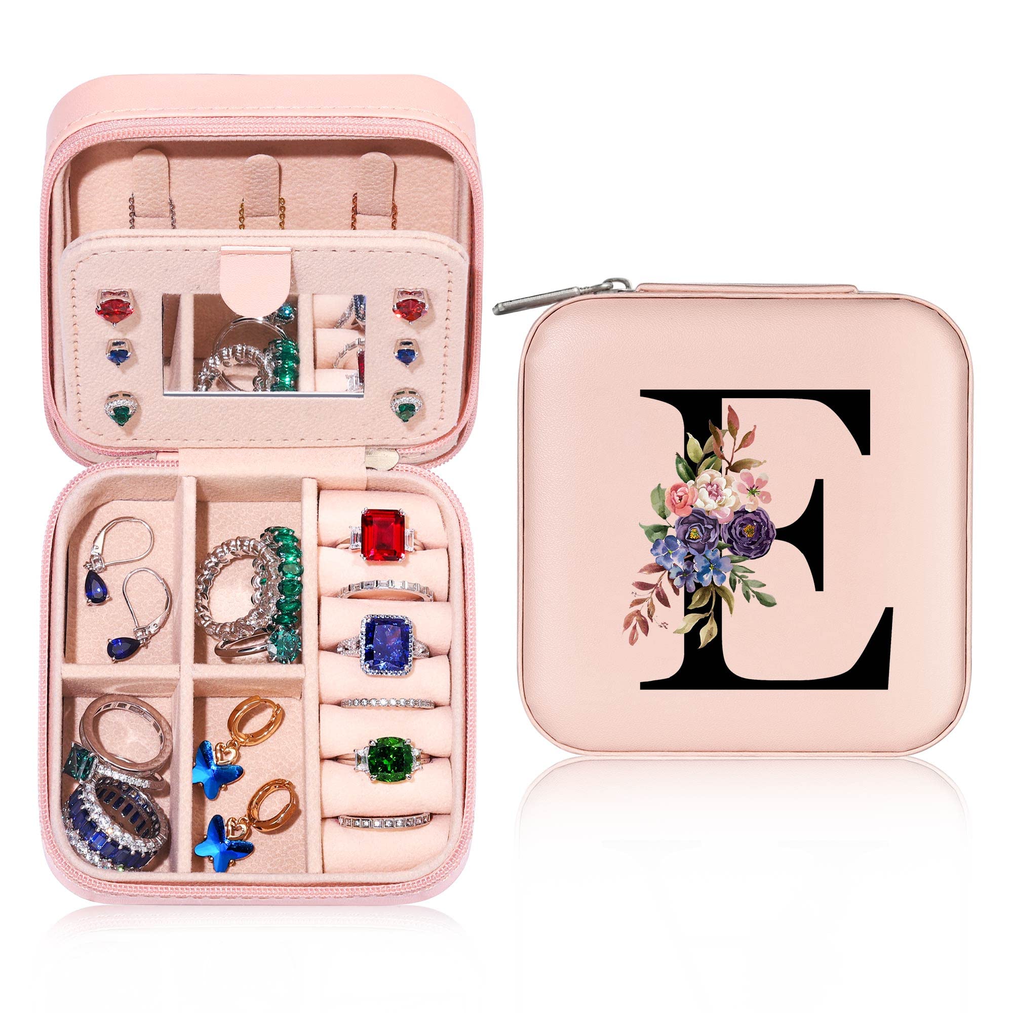 Parima Pink Jewelry Box for Women, Small Travel Organizer with Initial - Jewelry Box Organizer, Portable, Zipper, 4 Compartments, Ideal Gift for Birthdays, Valentine's Day, Christmas