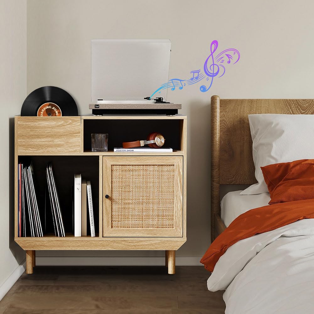 Vintage Record Player Stand, Vinyl Record Storage Table ,Turntable Stand Record Player Cabinet with Storage, Vinyl Record Player Stand with Rattan Door, Printer Stand with Open Storage Shelves-Natural