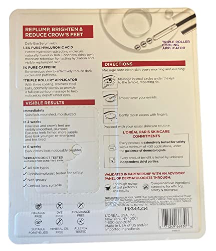 L'Oreal Paris Revitalift Derm Intensives Hyaluronic Acid + Caffeine Hydrating Eye Serum, 0.67 Fl. Oz (Pack of 2)