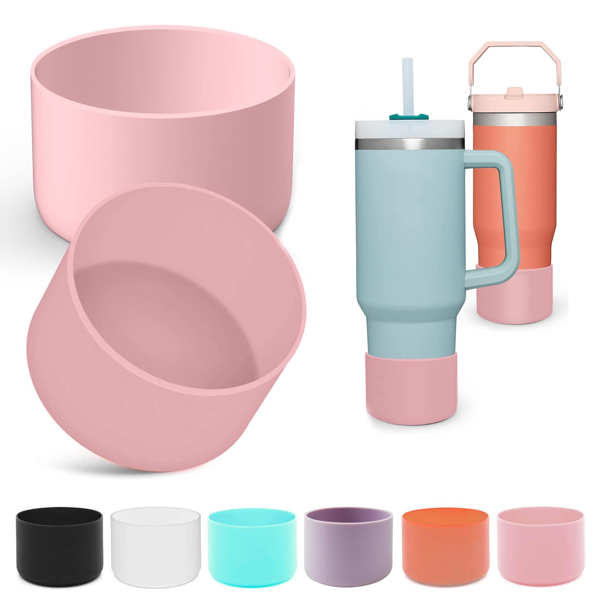 2Pcs Silicone Boot for Stanley 40 oz 30 oz Tumbler with Handle & Stanley IceFlow 20oz 30oz, Reduces Noise Protective Silicone Water Bottle Bottom Sleeve Cover for Stanley Cup Accessories (Pink Dusk)