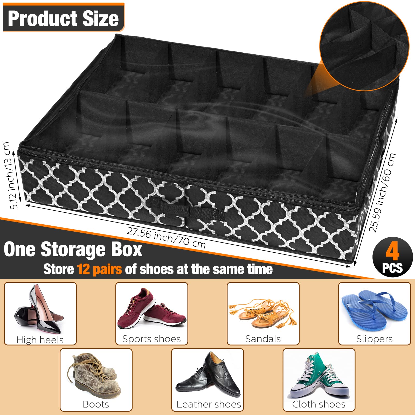 Berlune Set of 4 Under Bed Shoe Storage Organizer, Fits Total 48 Pairs Fabric Shoe Containers Box with Clear Cover and Handles Breathable Shoe Storage Bins Shoe Storage Bag, 29.5 x 23.2 x 5.1 Inches