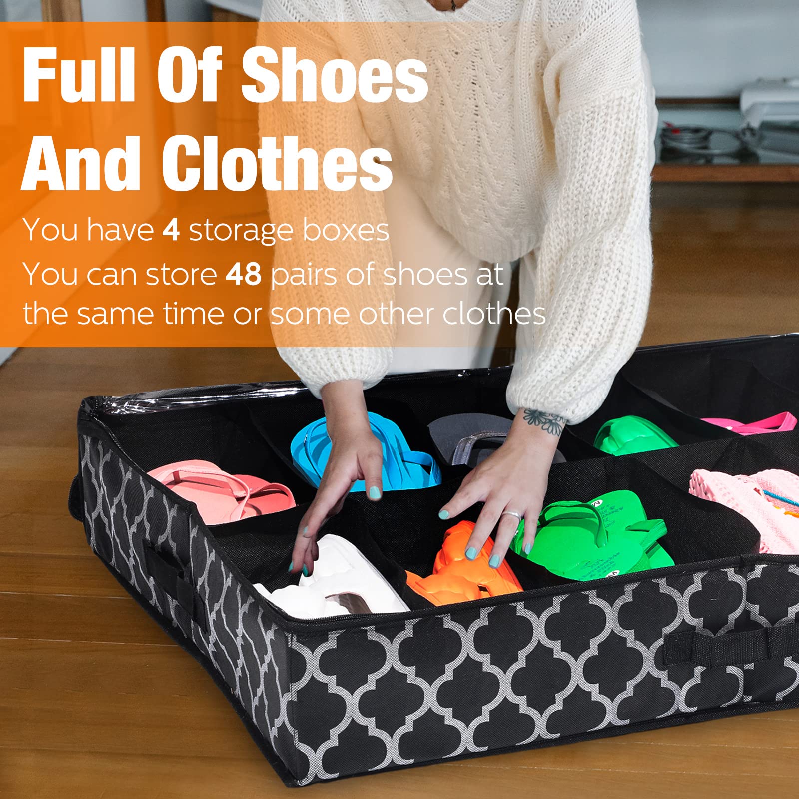 Berlune Set of 4 Under Bed Shoe Storage Organizer, Fits Total 48 Pairs Fabric Shoe Containers Box with Clear Cover and Handles Breathable Shoe Storage Bins Shoe Storage Bag, 29.5 x 23.2 x 5.1 Inches