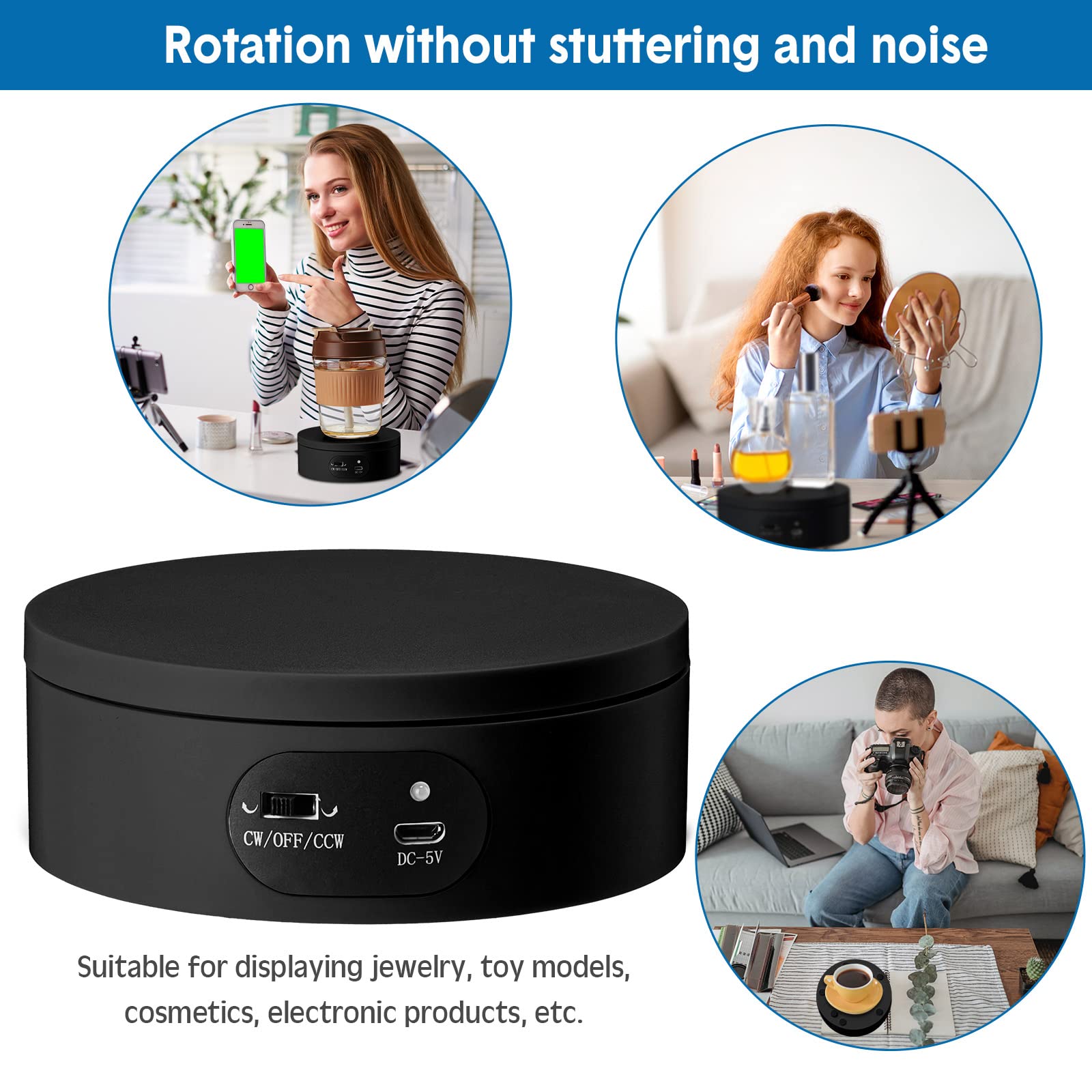 Hoteam Turner Cup Rotating Display Stand for Epoxy Glitter Tumbler Display Turner 360 Degree Tumbler Spinner Automatic Spinning Rotating Platform Mute Photography Turntable(Black,6 Pcs)