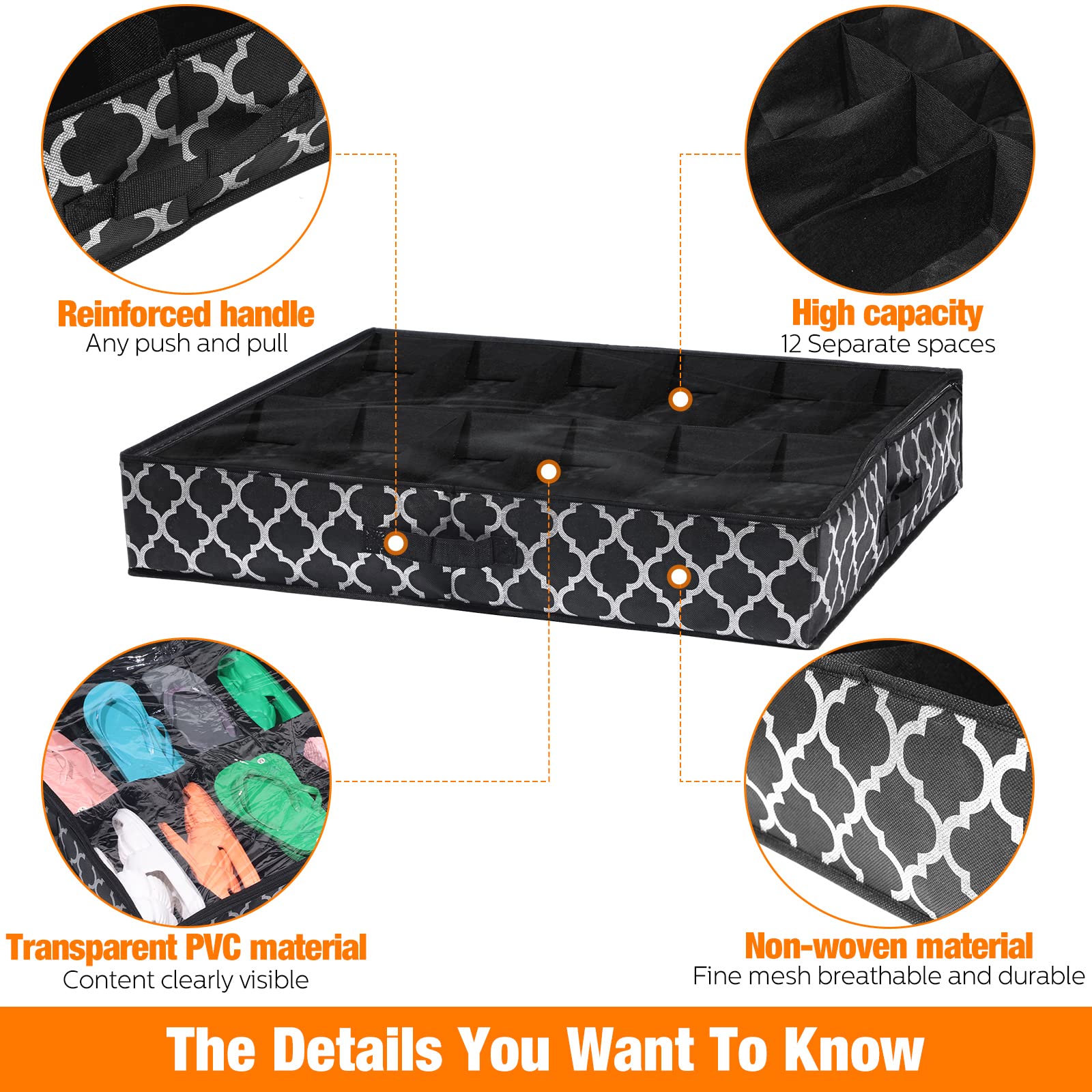 Berlune Set of 4 Under Bed Shoe Storage Organizer, Fits Total 48 Pairs Fabric Shoe Containers Box with Clear Cover and Handles Breathable Shoe Storage Bins Shoe Storage Bag, 29.5 x 23.2 x 5.1 Inches