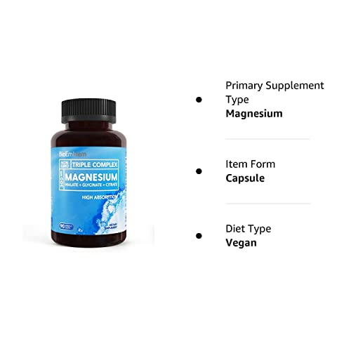 BioEmblem Triple Magnesium Complex | 300mg of Magnesium Glycinate, Malate, & Citrate for Muscles, Sleep, Calm, & Energy | High Absorption | Vegan, Non-GMO | 90 Capsules