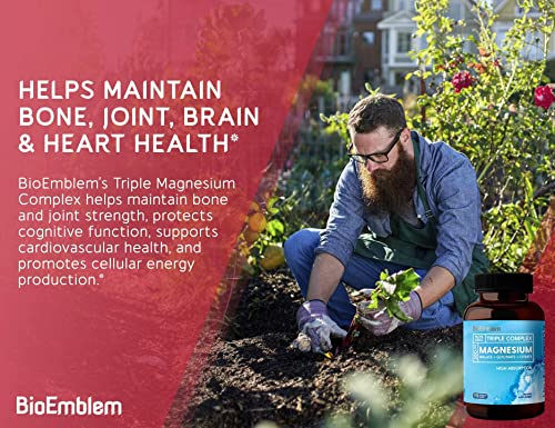 BioEmblem Triple Magnesium Complex | 300mg of Magnesium Glycinate, Malate, & Citrate for Muscles, Sleep, Calm, & Energy | High Absorption | Vegan, Non-GMO | 90 Capsules