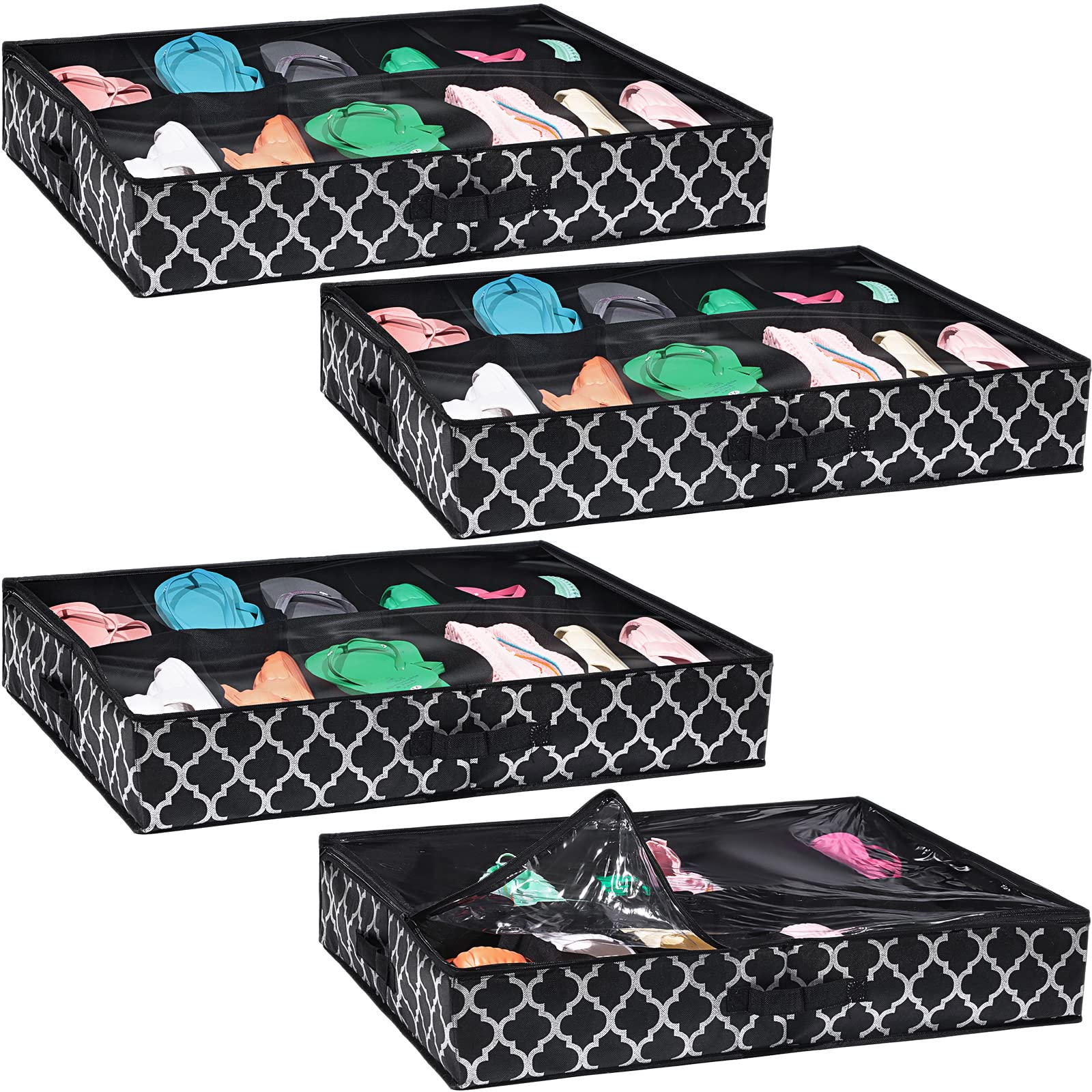 Berlune Set of 4 Under Bed Shoe Storage Organizer, Fits Total 48 Pairs Fabric Shoe Containers Box with Clear Cover and Handles Breathable Shoe Storage Bins Shoe Storage Bag, 29.5 x 23.2 x 5.1 Inches