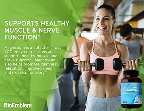 BioEmblem Triple Magnesium Complex | 300mg of Magnesium Glycinate, Malate, & Citrate for Muscles, Sleep, Calm, & Energy | High Absorption | Vegan, Non-GMO | 90 Capsules