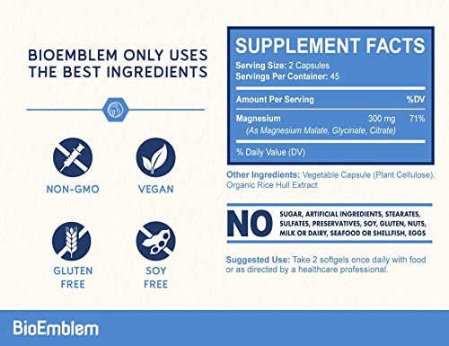 BioEmblem Triple Magnesium Complex | 300mg of Magnesium Glycinate, Malate, & Citrate for Muscles, Sleep, Calm, & Energy | High Absorption | Vegan, Non-GMO | 90 Capsules