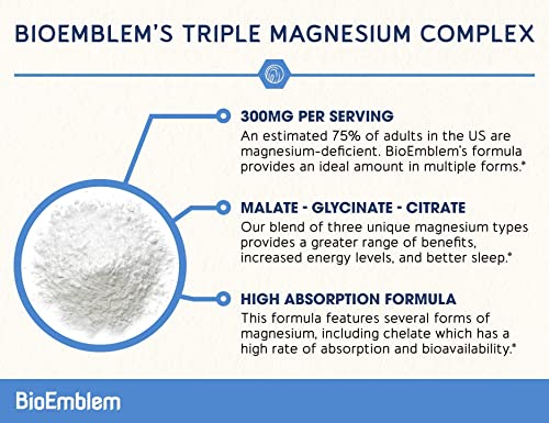 BioEmblem Triple Magnesium Complex | 300mg of Magnesium Glycinate, Malate, & Citrate for Muscles, Sleep, Calm, & Energy | High Absorption | Vegan, Non-GMO | 90 Capsules