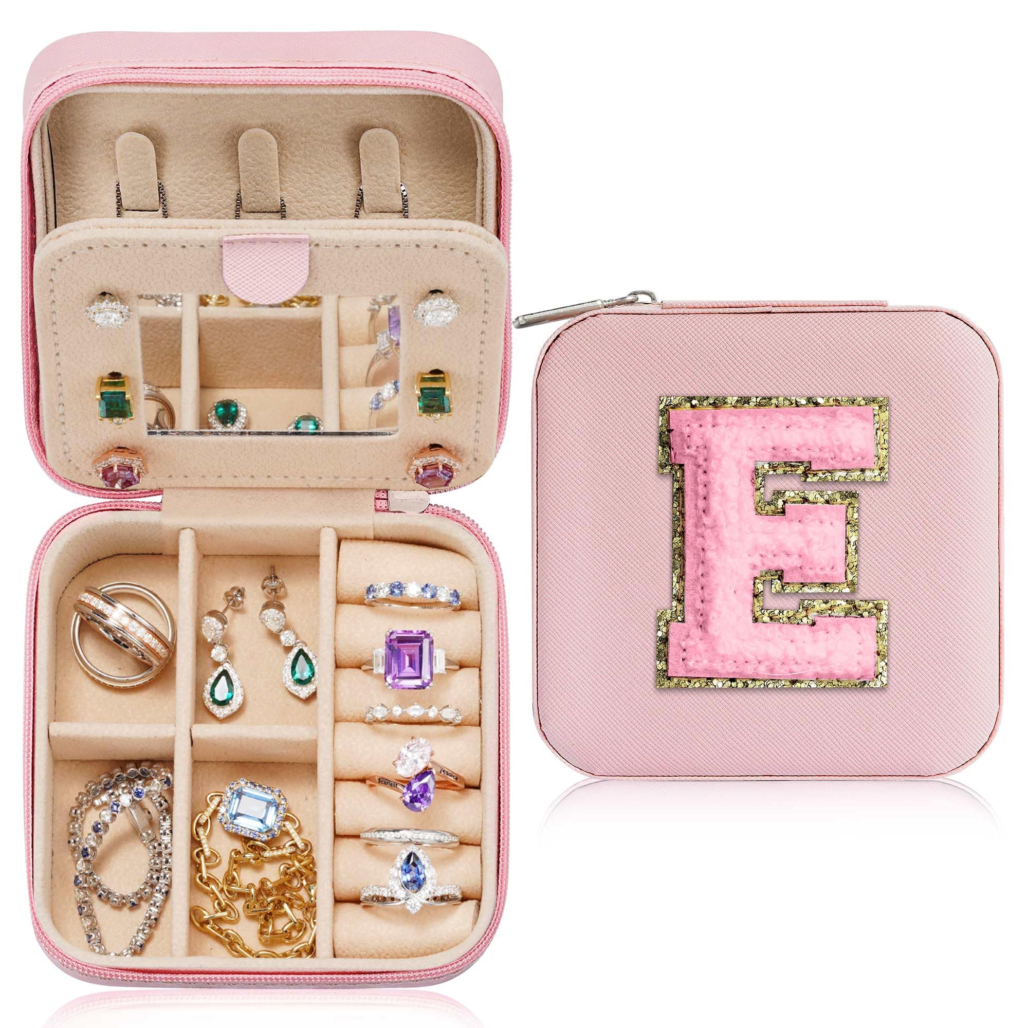 Parima Small Jewelry Box for Girls, Travel Must Have Jewelry Organizer Travel Case | Travel Gifts for Women Girls Jewelry Box | Graduation Gifts for Friends Female | Travel Essential - Letter E, Pink