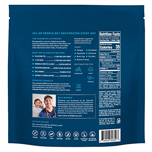 DripDrop Hydration - Electrolyte Powder Packets - Grape, Fruit Punch, Strawberry Lemonade, Cherry - 32 Count