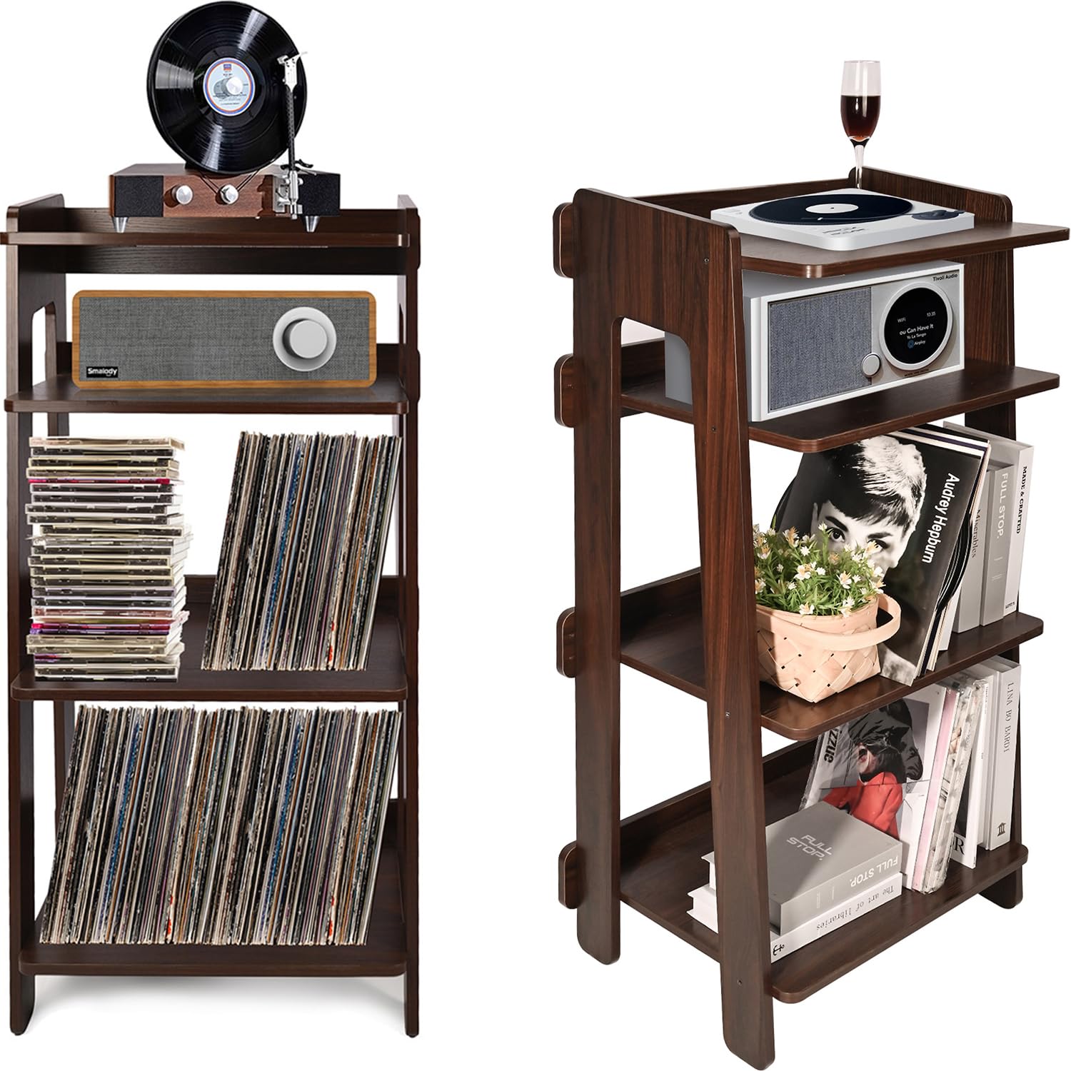 ikare Record Player Stand, Turntable Stand Display Sofa Side Phonograph Table 4 Tier Vinyl Cabinets Table with Metal Legs,Media Storage Vinyl Holder Display Shelf for Living Room Bedroom Home Office