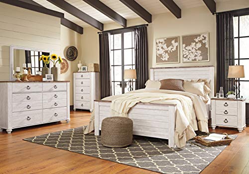 Signature Design by Ashley Willowton Farmhouse 2 Drawer Nightstand with USB Charging Ports, Whitewash