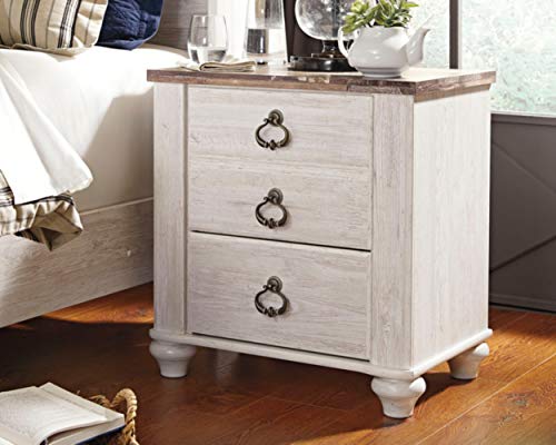 Signature Design by Ashley Willowton Farmhouse 2 Drawer Nightstand with USB Charging Ports, Whitewash