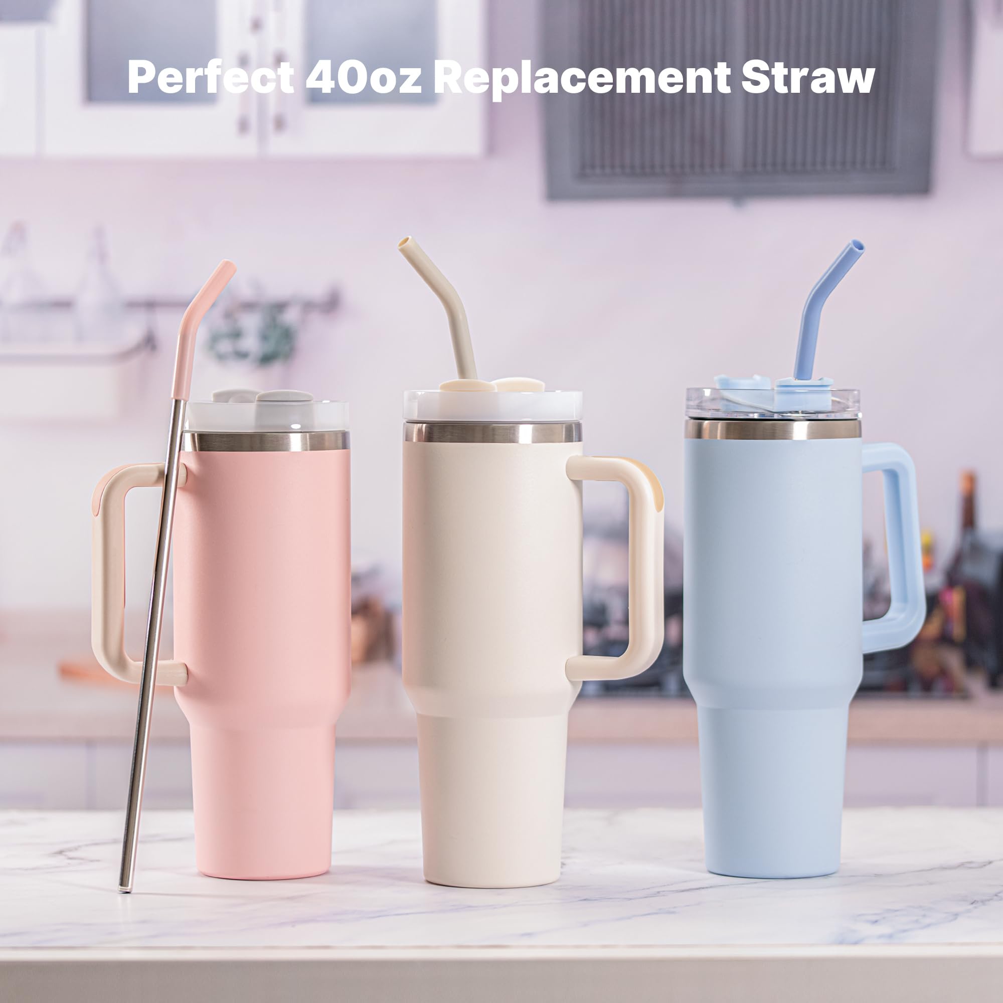 Bluwing 2 Pcs Stainless Steel Straws for 40 oz Stanley Tumbler, Replacement 40 oz Stanley Cup Straw Accessories with Silicone Tips and Cleaning Brush (Pink Dusk)