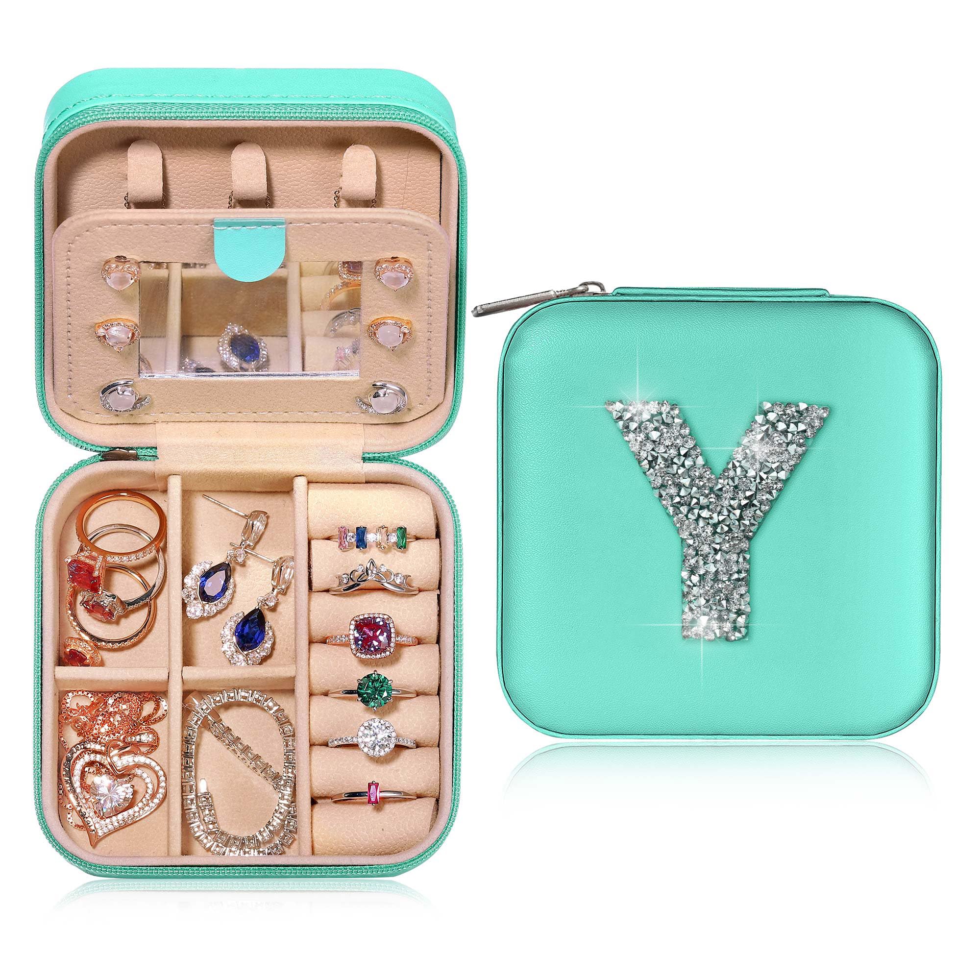 Parima Travel Jewelry Case Box - Small Organizer Holder Necklace Ring Earrings Essential Personalized Birthday Gifts for Women Teenage Teen Girl Her Mom Teacher Initial Y, Blue