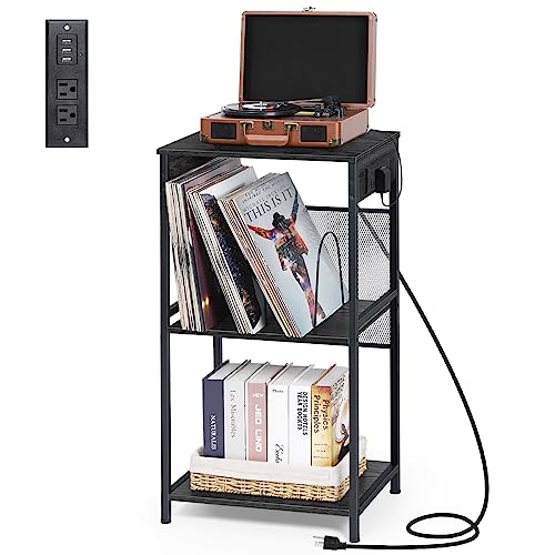 Melos Record Player Table with Charging Station, 3-Tier Record Player Stand, Vinyl Record Storage Cabinet Turntable Stand with Record Storage, End Table Nightstand for Living Room Bedroom, Black