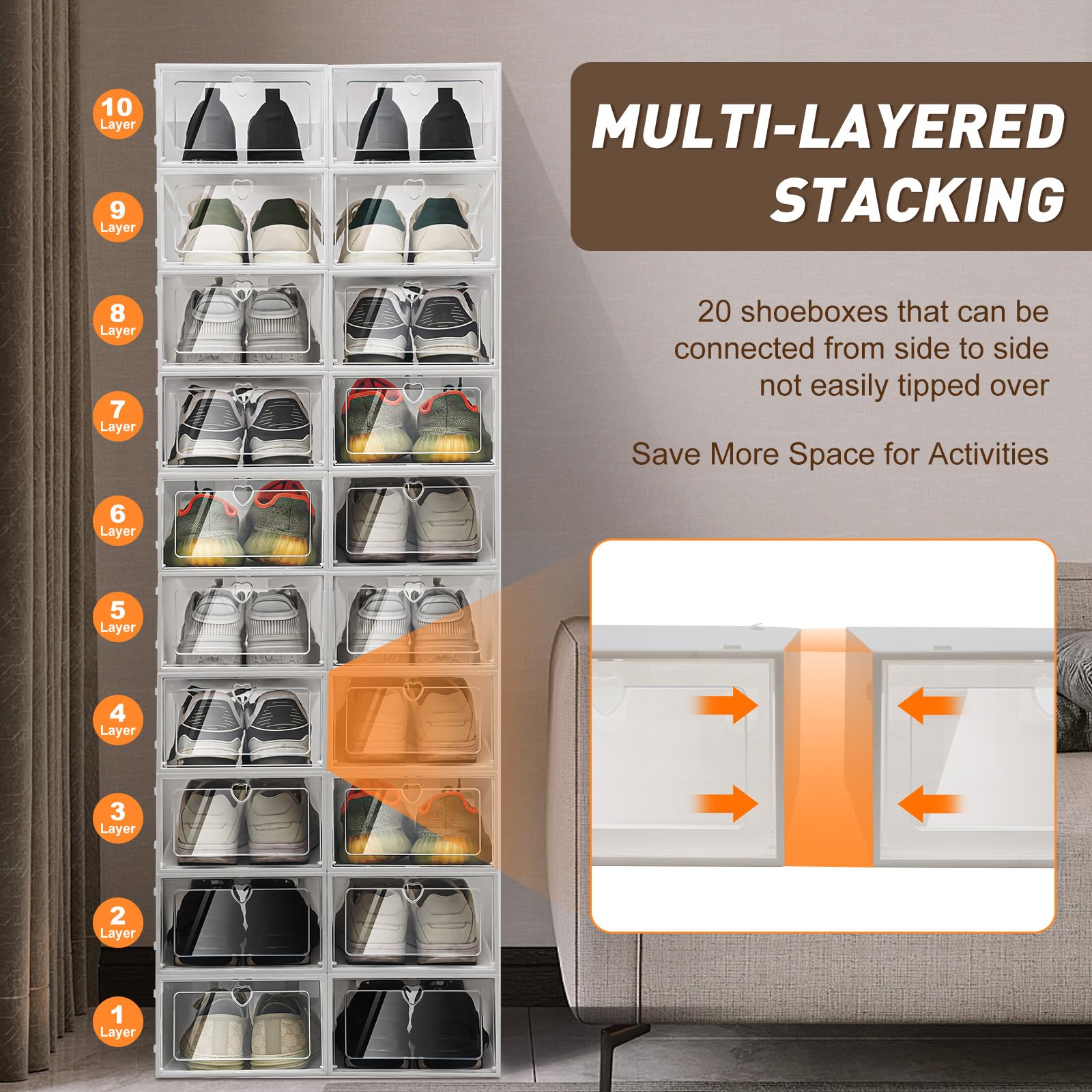 Netcoin Large Shoe Storage Box, 20 Pack Clear Plastic Shoe Box with Lids, Stackable Transparent Shoe Case Home Storage Organizer Shoe Container Decorative Shoe Box for Home Bedroom (Heart Hole)