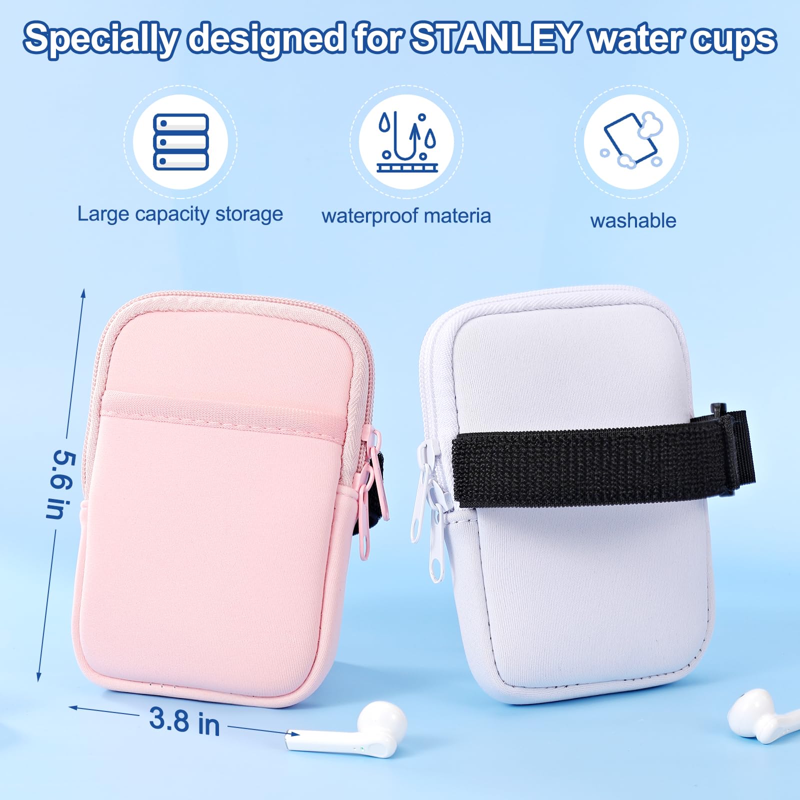 YINCL [2 Pcs] Water Bottle Pouch For Stanley - Gym Running Water Bottle Pouch for Stanley Cup 40oz Accessories Quencher Adventure & IceFlow 20/30oz with Pocket for Cards, Keys, Wallet, Earphone