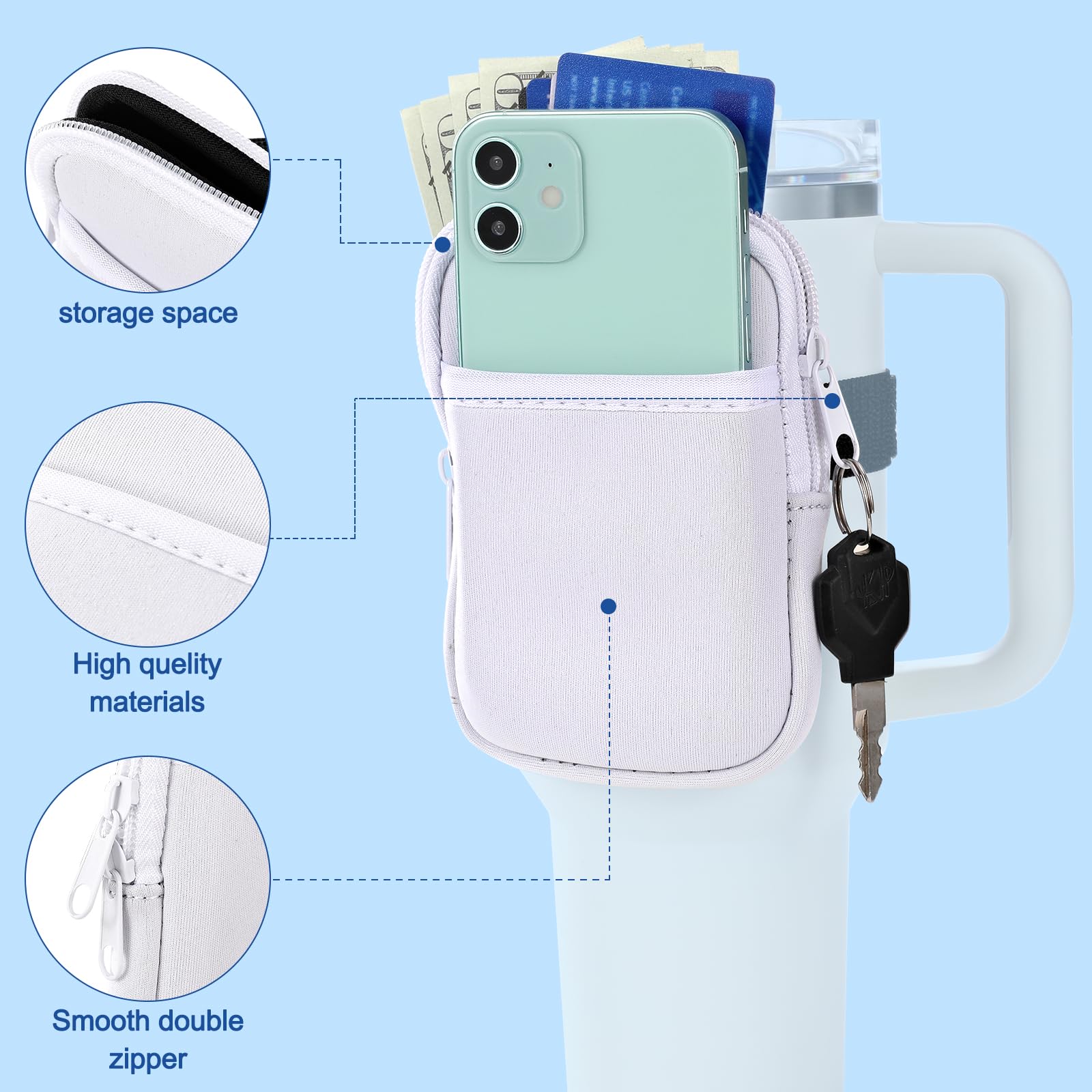 YINCL [2 Pcs] Water Bottle Pouch For Stanley - Gym Running Water Bottle Pouch for Stanley Cup 40oz Accessories Quencher Adventure & IceFlow 20/30oz with Pocket for Cards, Keys, Wallet, Earphone
