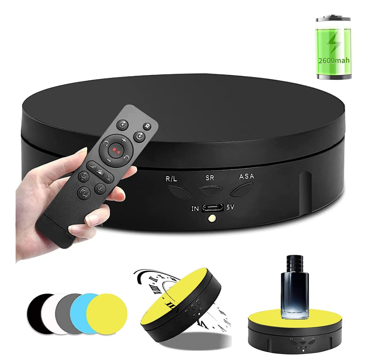Qinmay 360-Degree Rotating Display Stand, 360 Degree Photography Turntable with Remote Control,5 PVC Backgrounds,Battery/USB Power Supply for Product Photography Display