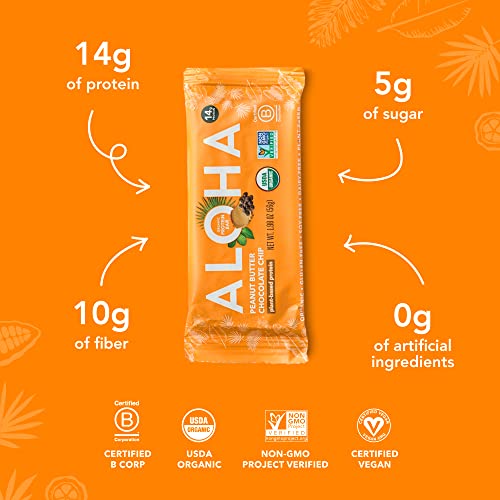 ALOHA Organic Plant Based Protein Bars |Peanut Butter Chocolate Chip | 12 Count, 1.98oz Bars | Vegan, Low Sugar, Gluten Free, Paleo, Low Carb, Non-GMO, Stevia Free, Soy Free, No Sugar Alcohols