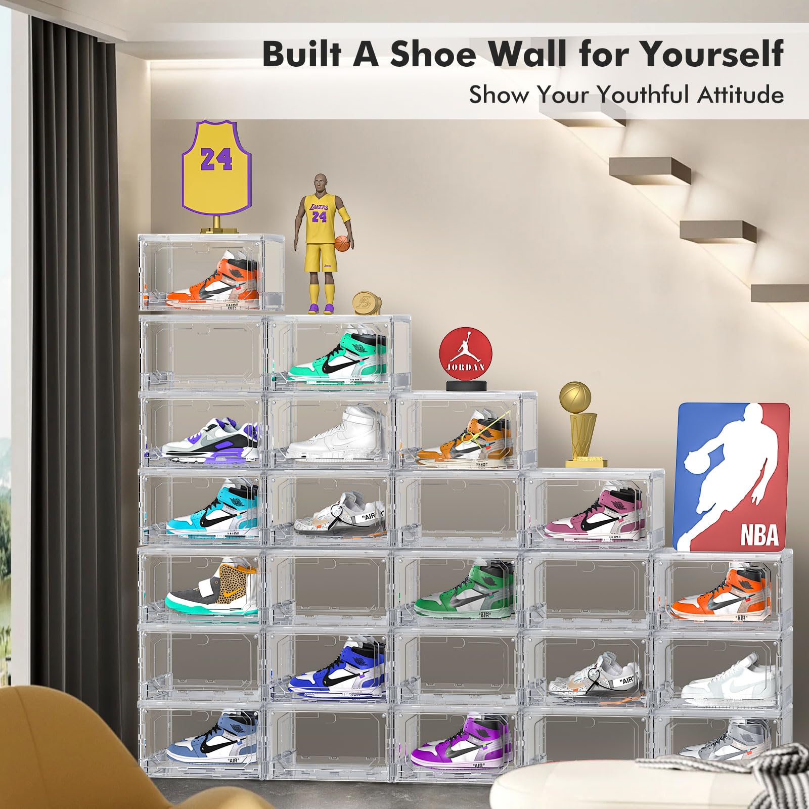 ELUCHANG Clear Shoe Storage Boxes, Large Plastic Stackable Shoe Organizer for Closet, Portable Foldable Shoe Box for Sneaker,Enterway, Under the Bed, Bathroom,Cabinet, Men, Women, Fit Up to US 14