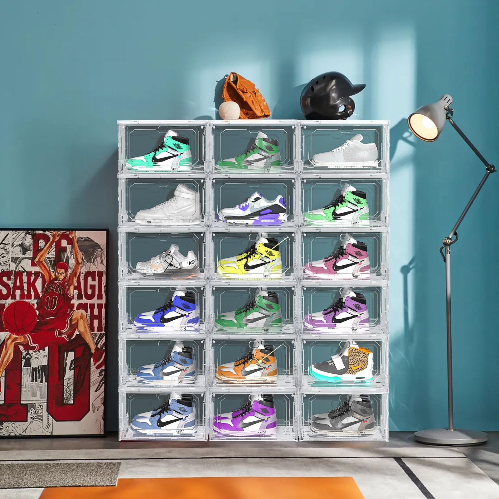 ELUCHANG Clear Shoe Storage Boxes, Large Plastic Stackable Shoe Organizer for Closet, Portable Foldable Shoe Box for Sneaker,Enterway, Under the Bed, Bathroom,Cabinet, Men, Women, Fit Up to US 14