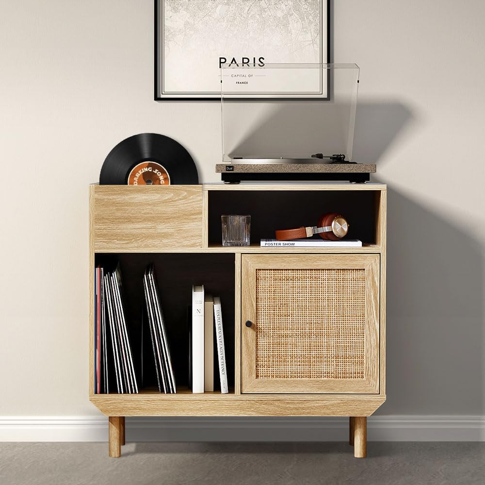 Vintage Record Player Stand, Vinyl Record Storage Table ,Turntable Stand Record Player Cabinet with Storage, Vinyl Record Player Stand with Rattan Door, Printer Stand with Open Storage Shelves-Natural