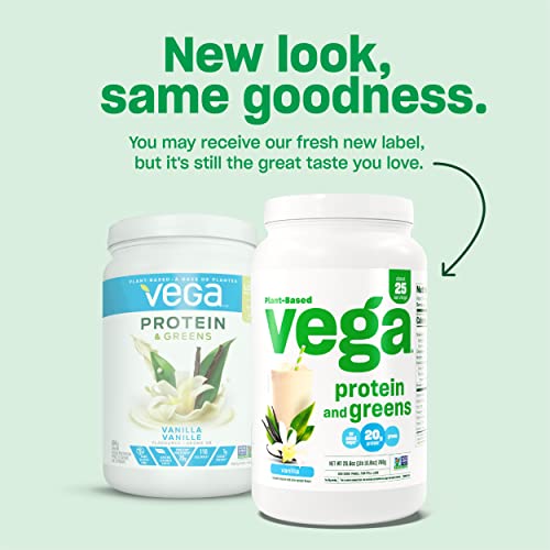 Vega Protein and Greens Vegan Protein Powder Vanilla (25 Servings) - 20g Plant Based Protein Plus Veggies, Vegan, Non GMO, Pea Protein for Women and Men, 1.7lb (Packaging May Vary)