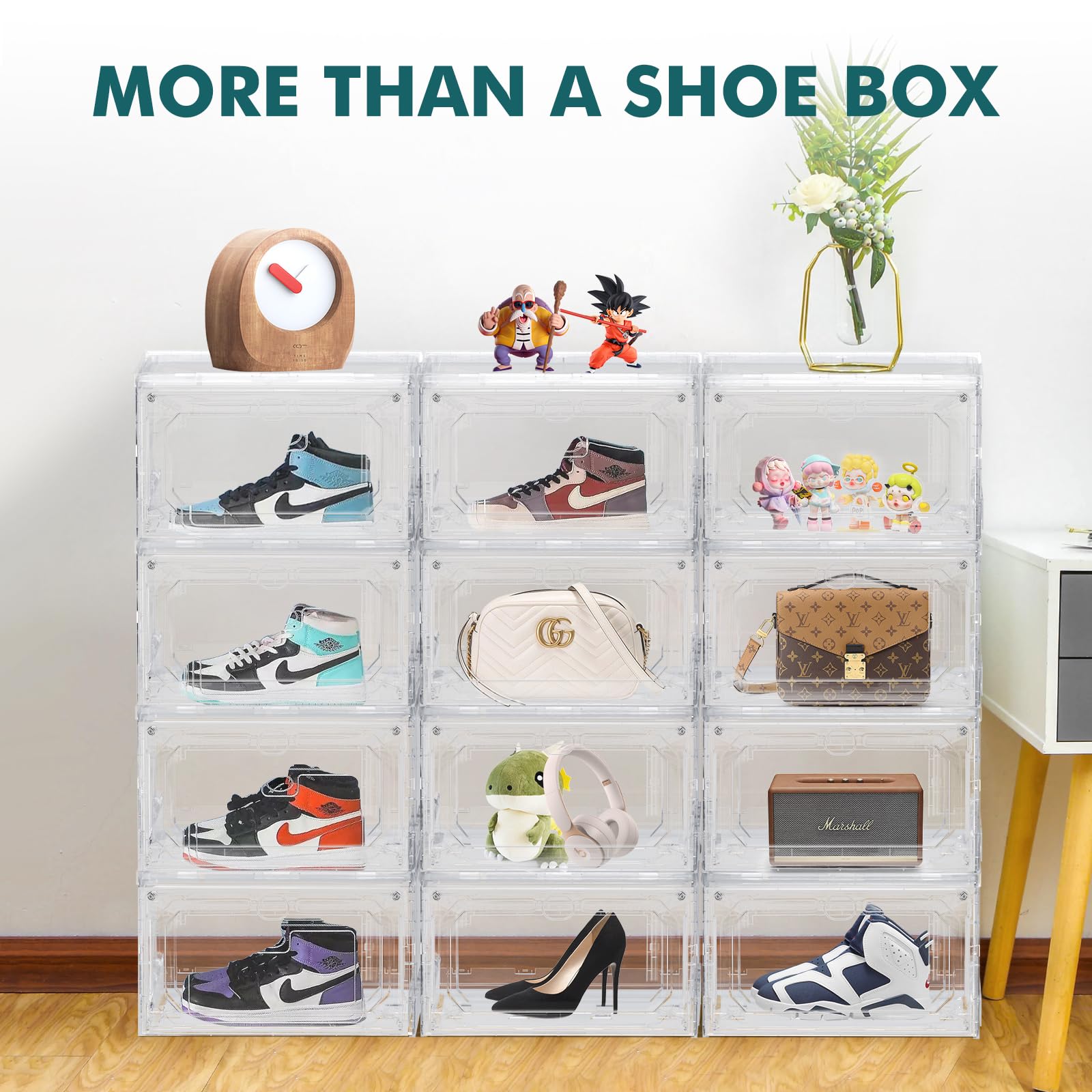 ELUCHANG Clear Shoe Storage Boxes, Large Plastic Stackable Shoe Organizer for Closet, Portable Foldable Shoe Box for Sneaker,Enterway, Under the Bed, Bathroom,Cabinet, Men, Women, Fit Up to US 14