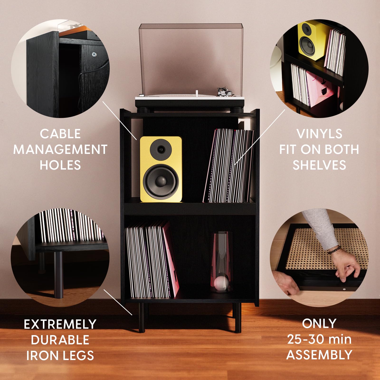 Vefunk Rattan Turntable Stand - Holds 190 Vinyl Records With Storage Cabinet
