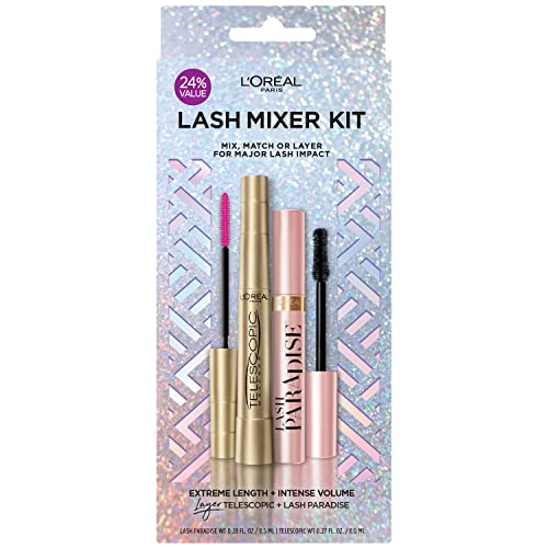 L'Oreal Paris Makeup Voluminous Lash Paradise Mascara for Eyelash Volume and L'Oreal Telescopic Mascara for Lengthening Lashes, Blackest Black, 1 Count of Each
