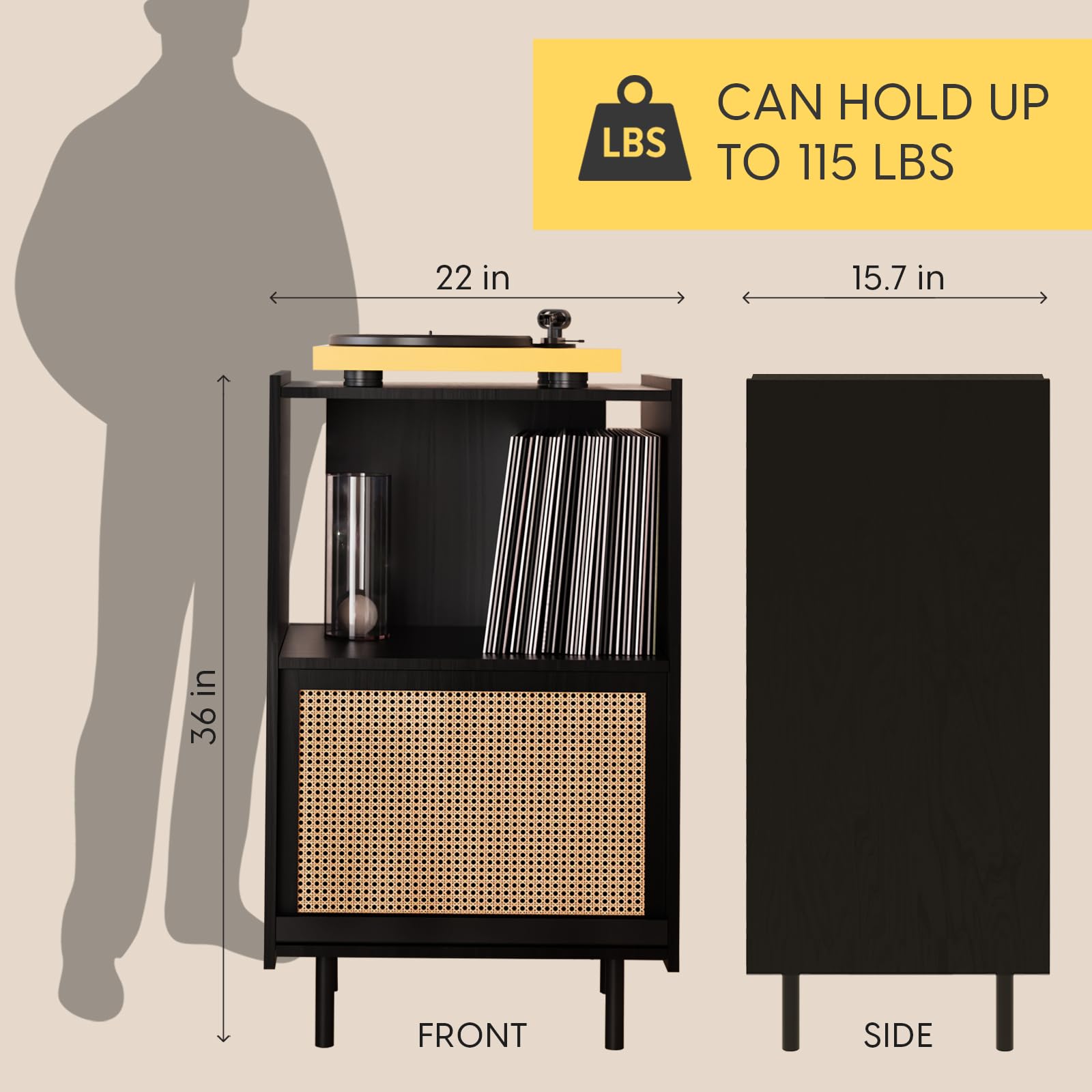 Vefunk Rattan Turntable Stand - Holds 190 Vinyl Records With Storage Cabinet