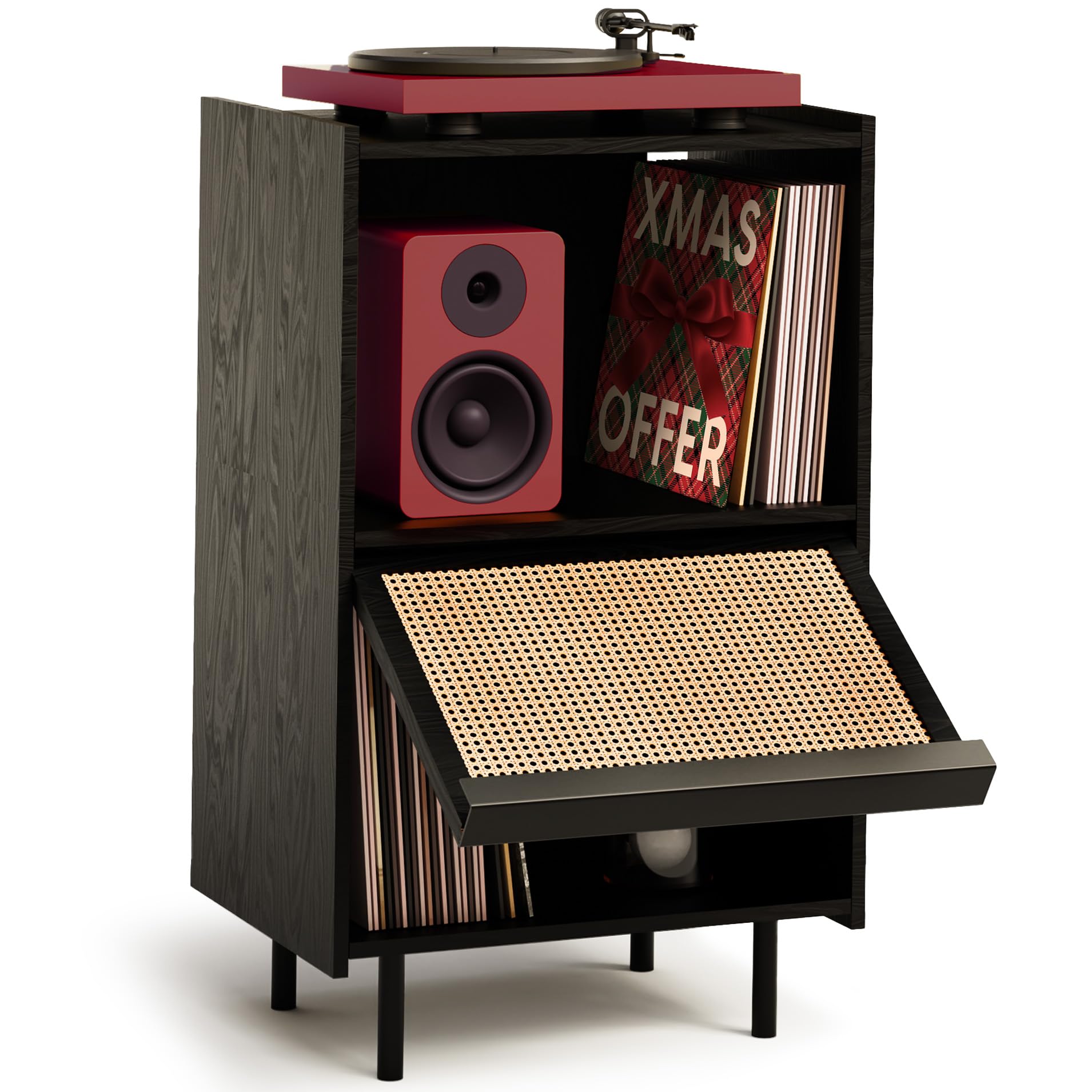 Vefunk Rattan Turntable Stand - Holds 190 Vinyl Records With Storage Cabinet